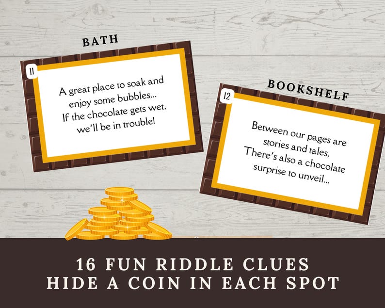 Chocolate Coin Scavenger Hunt for Kids, Printable Treasure Hunt Clues ...