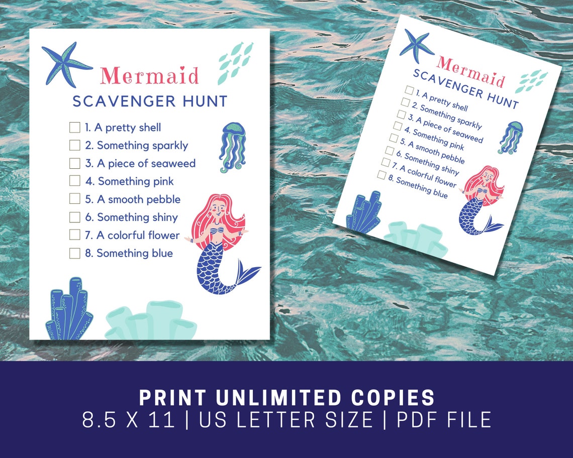 Mermaid Scavenger Hunt Printable, Cute Mermaid Party Game Activity for ...