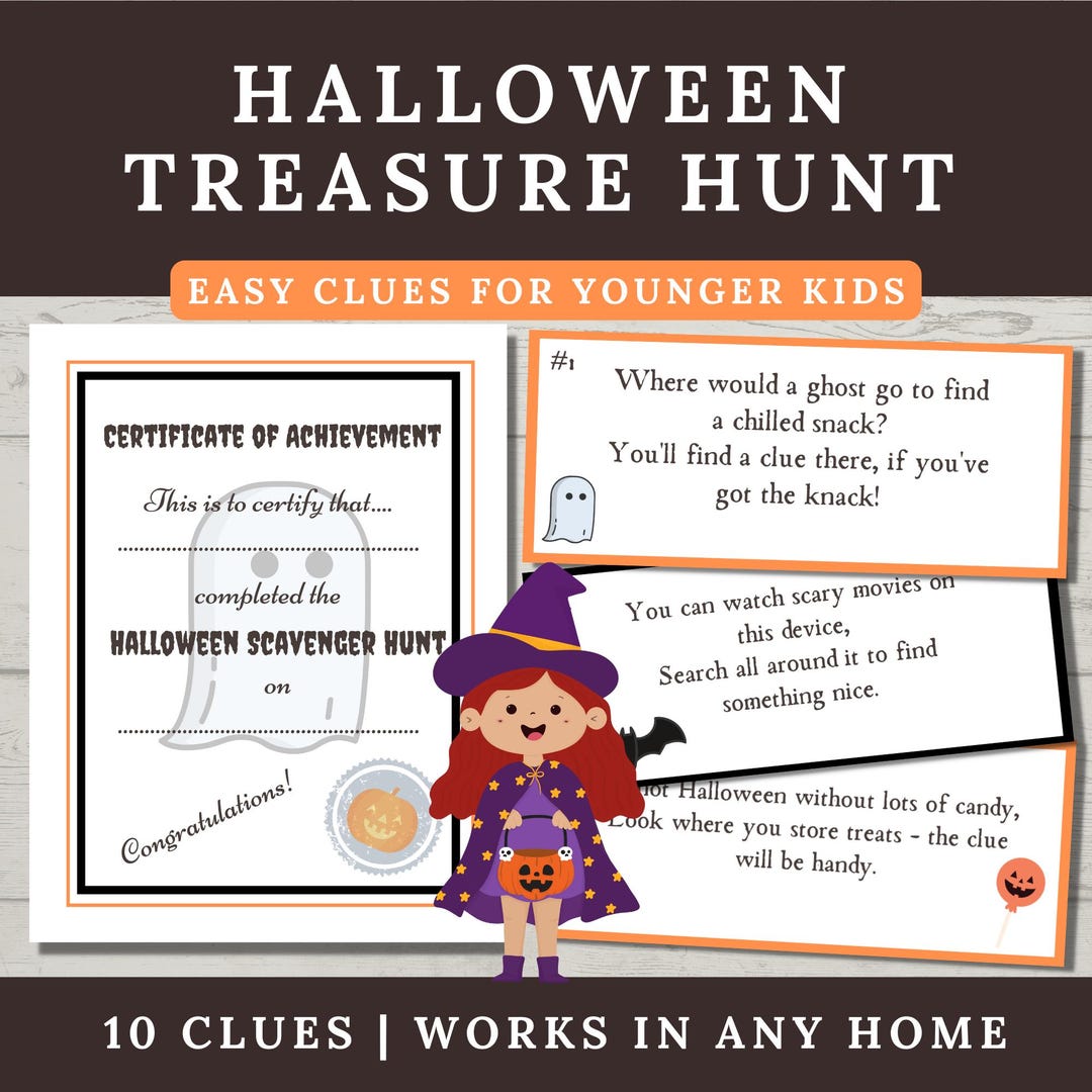Halloween Treasure Hunt: Indoor Riddle Clues for Kids (printable PDF ...