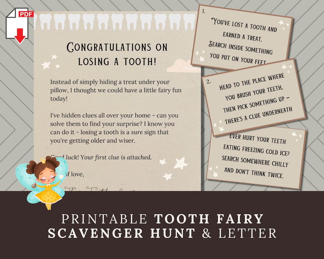 Tooth Fairy Scavenger Hunt & Letter: Printable First Tooth Visit (PDF ...