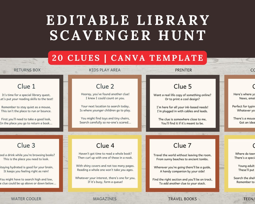 Library Scavenger Hunt Clues for Kids: Editable Canva Template ...