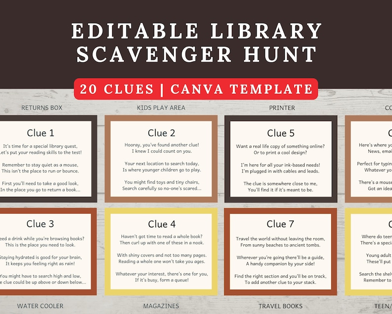Library Scavenger Hunt Clues for Kids: Editable Canva Template ...