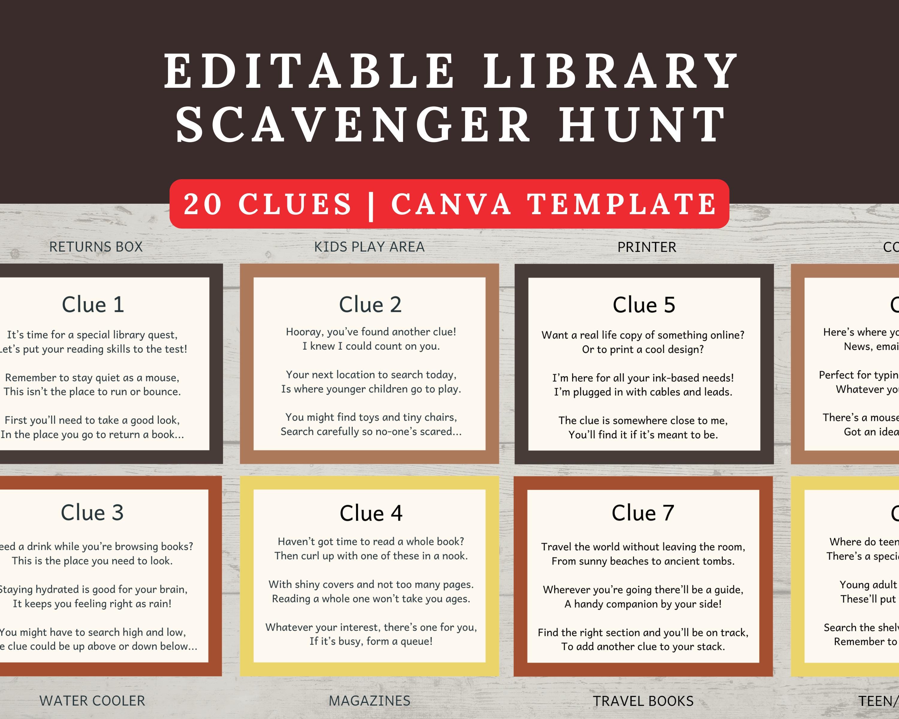 Library Scavenger Hunt Clues for Kids: Editable Canva Template ...