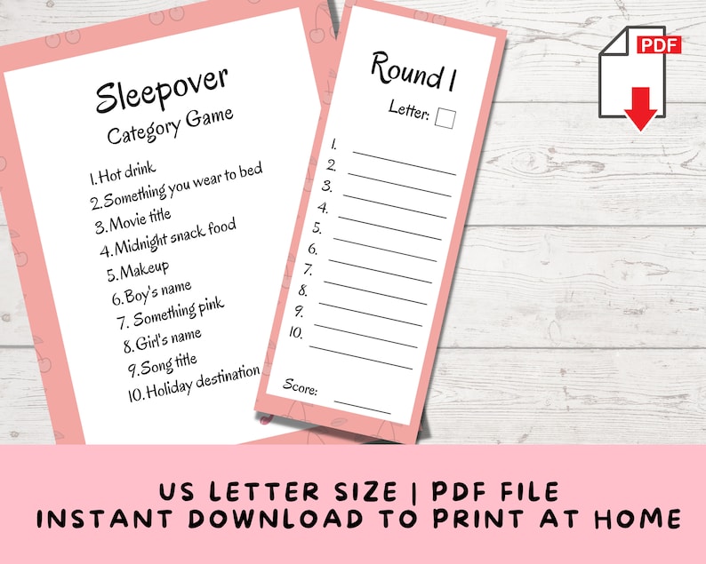 Printable Sleepover Category Game, Slumber Party Game for Teenage Girls ...