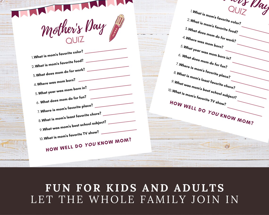 Printable Mother's Day Quiz for Kids and Adults, All About Mom Trivia ...