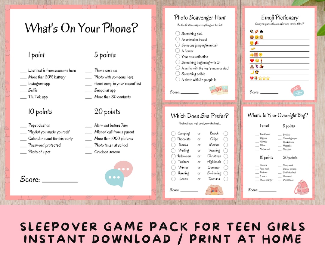 5 Printable Sleepover Games Party Games for Teenage Girls and - Etsy