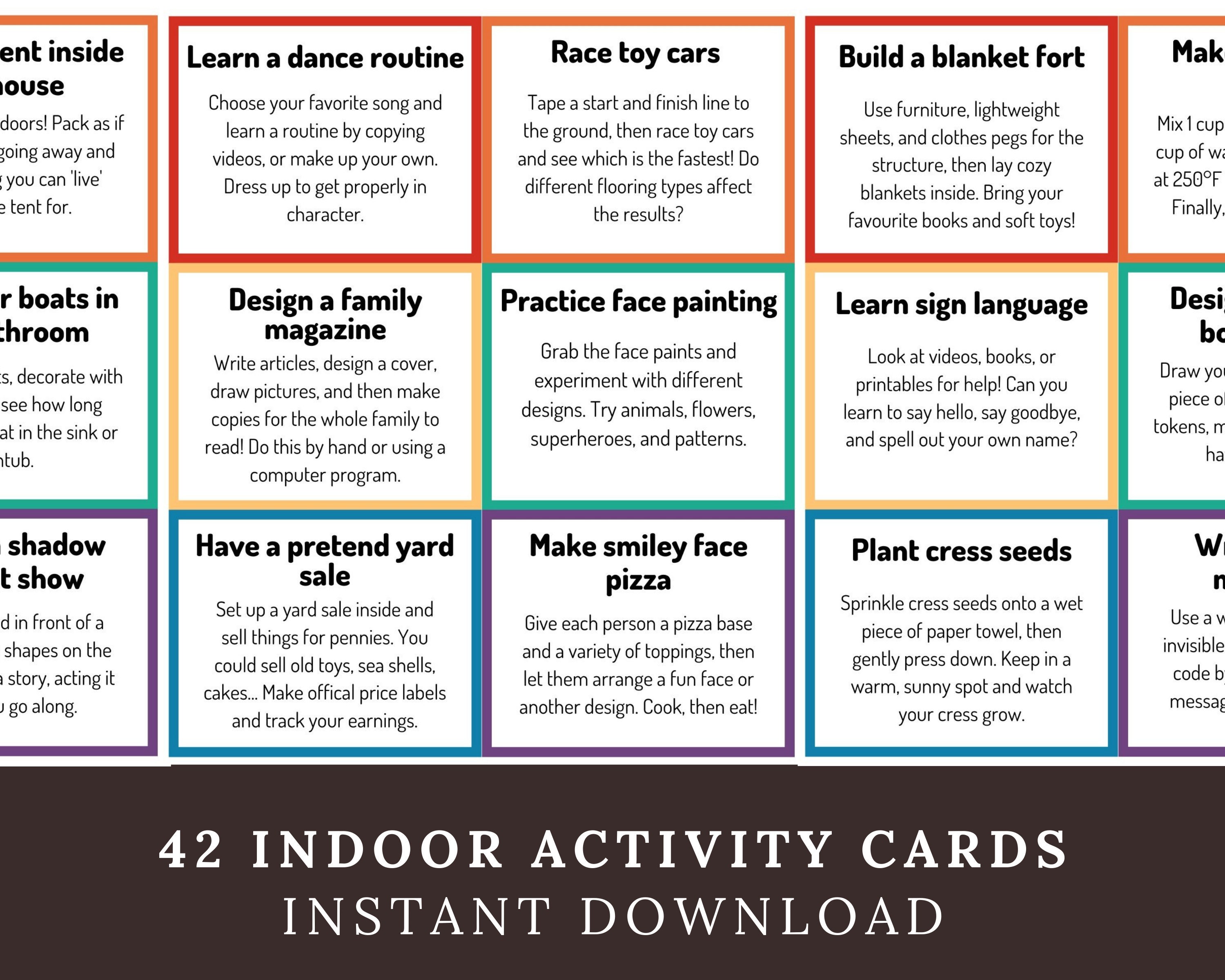 42 Indoor Activity Cards for Kids and Toddlers, Printable Rainy Day ...