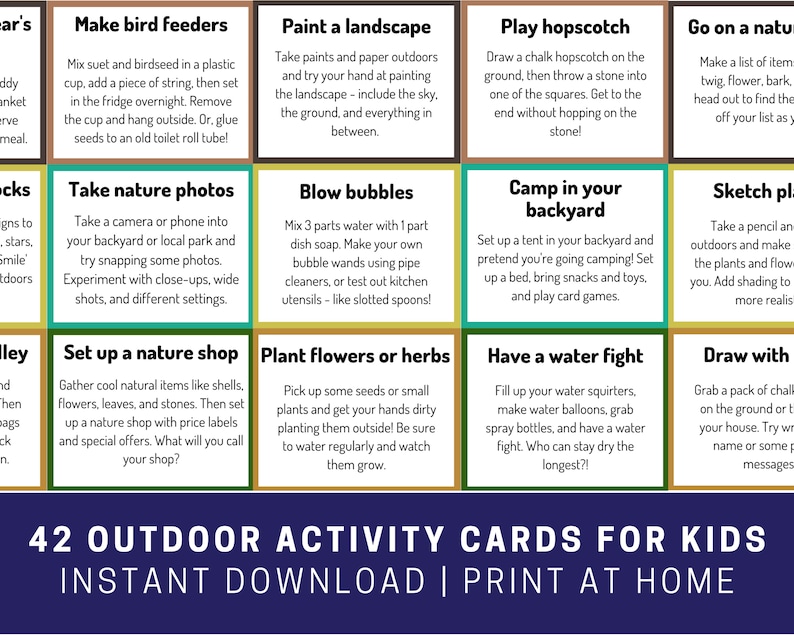 42 Outdoor Activity Cards for Kids printable Nature Play - Etsy