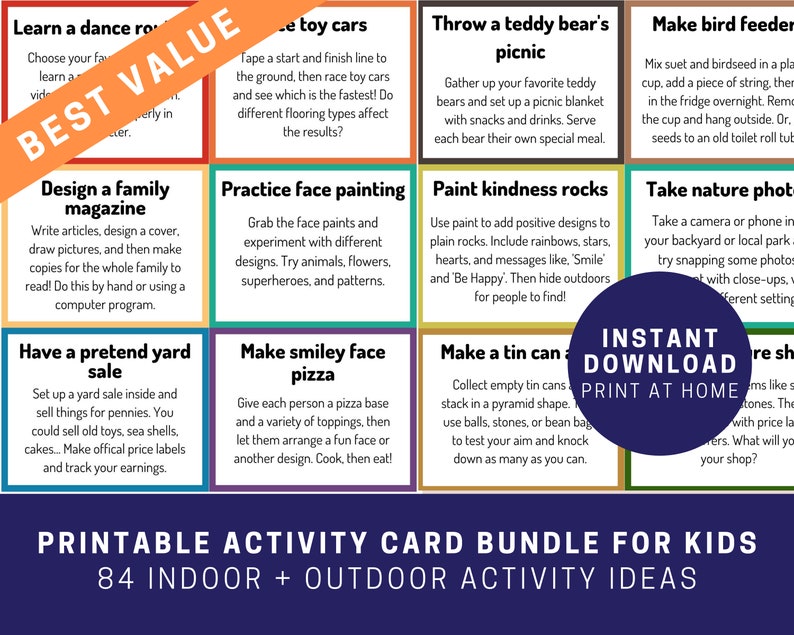 Printable Activity Card Bundle for Kids 84 Cards Indoor and - Etsy