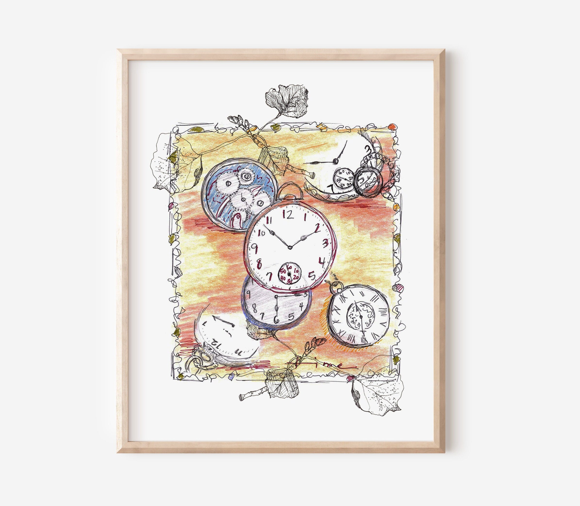 Pocket Watch Vintage Timepiece Fine Art Drawing Pen and Ink Leaves Wall ...