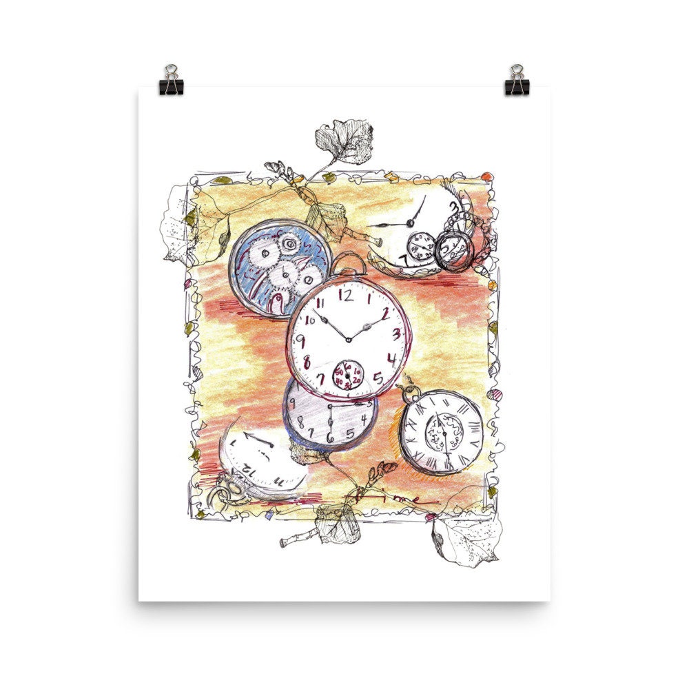 Pocket Watch Vintage Timepiece Fine Art Drawing Pen and Ink Leaves Wall ...