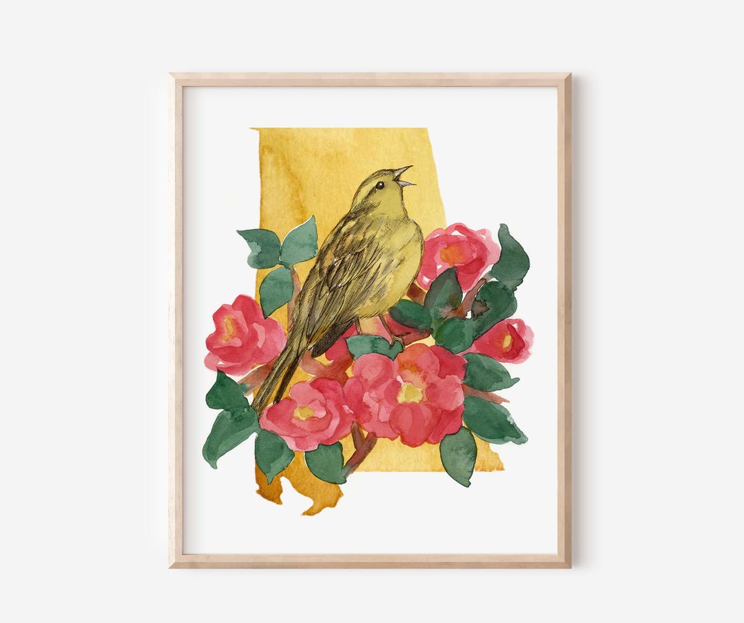 Alabama State Bird Art Print Yellowhammer Camellia Flower Watercolor ...