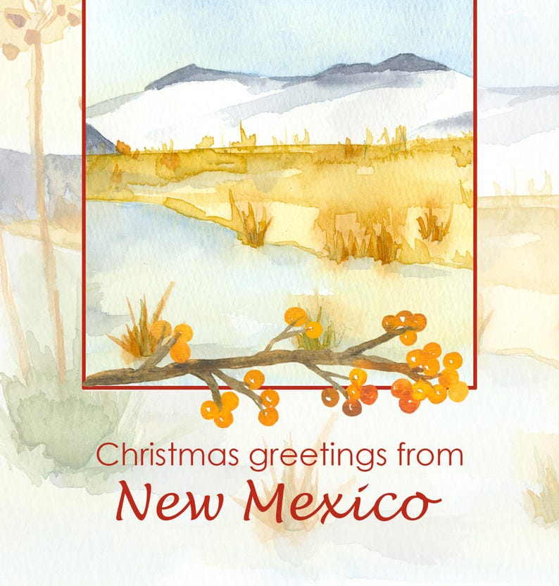 Merry Christmas New Mexico Desert Snow Landscape Watercolor Nature ...