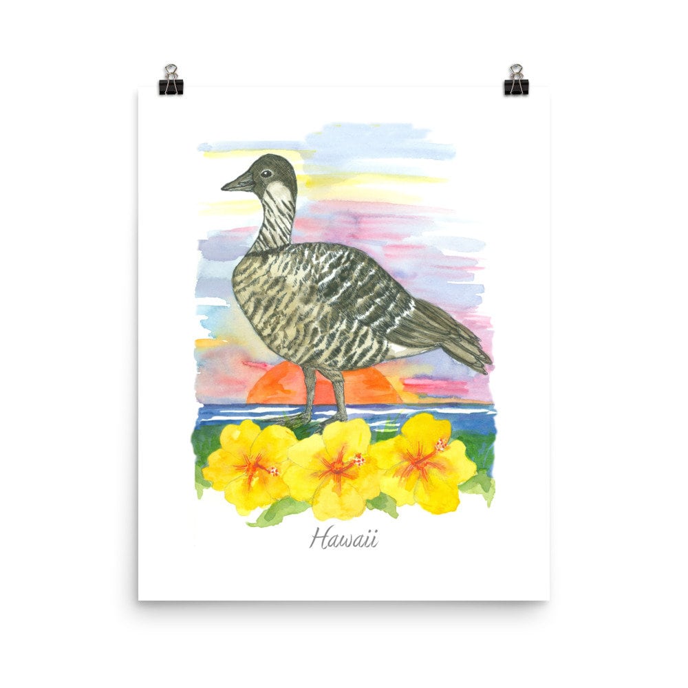 Hawaii State Bird Nene Hawaiian Goose Hibiscus Flower Ocean Waves Art ...