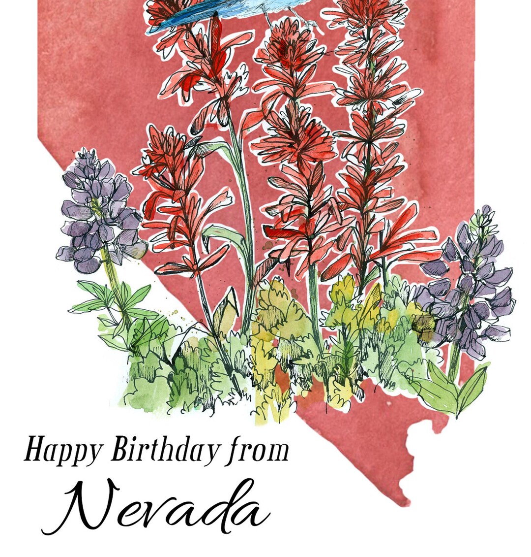 Happy Birthday Nevada Card Sagebrush State Shape Bluebird Hand Painted ...
