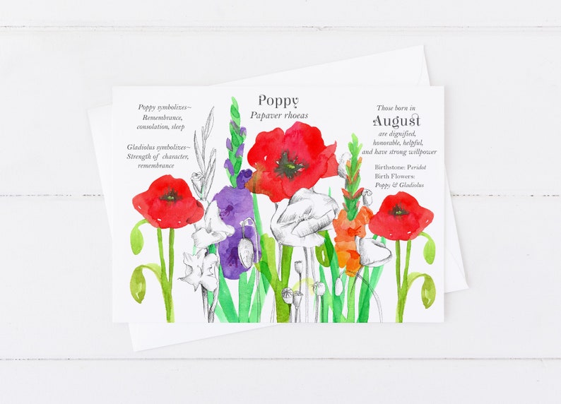 August Birth Flower Card Language of Flowers Poppies Gladiolus ...