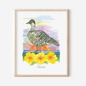 Hawaii State Bird Nene Hawaiian Goose Hibiscus Flower Ocean Waves Art ...