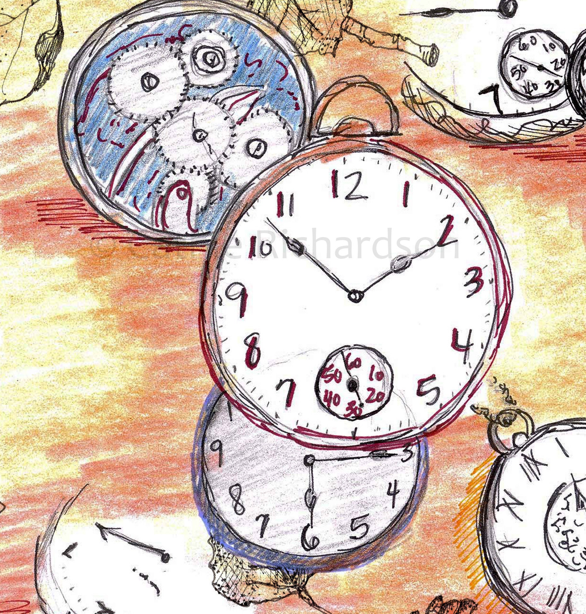 Pocket Watch Vintage Timepiece Fine Art Drawing Pen and Ink Leaves Wall ...