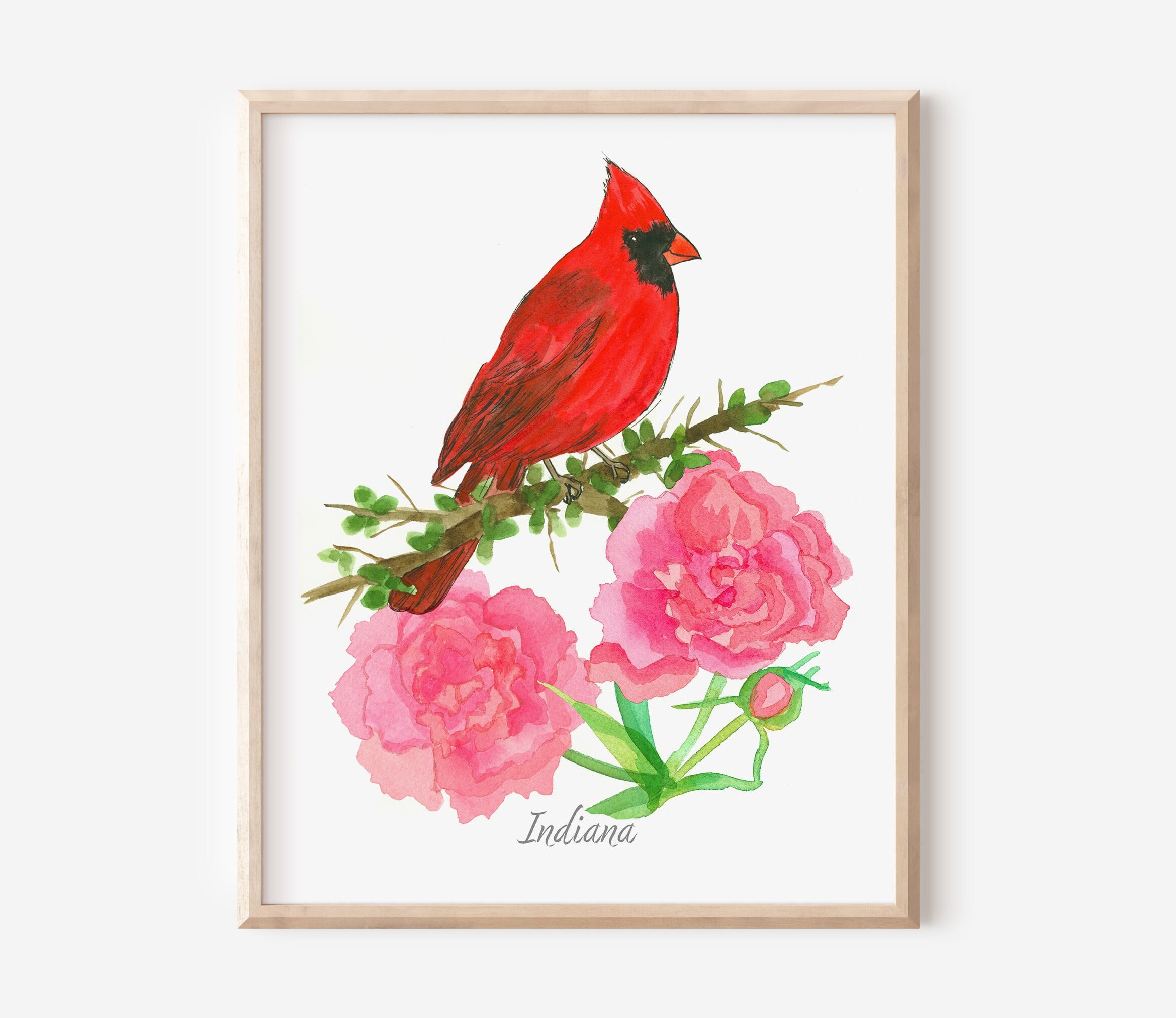 Indiana State Bird Cardinal Peony Flowers Watercolor Fine Art Print - Etsy