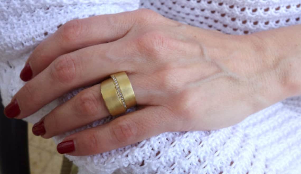 Chunky Gold Diamond Ring Wide Gold Band Ring for Women Wide Gold ...