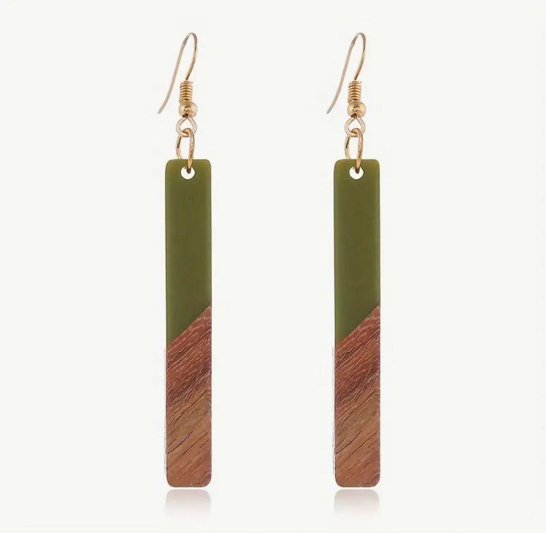 Olive Green Rectangle Shape Dangle Earrings Boho Style Walnut Wooden ...