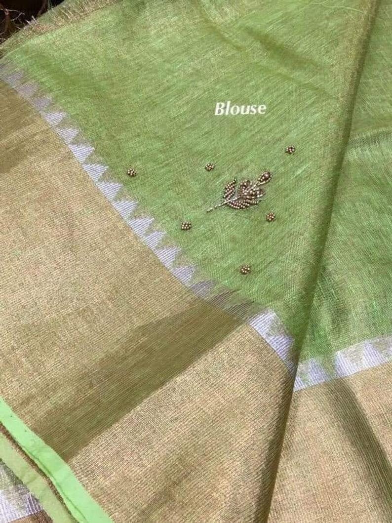 Pure Tissue Linen Embroidered Saree Linen by Linen Sari Pure Handloom ...