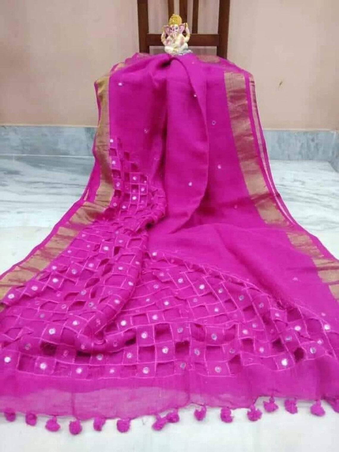 Pure Linen Saree Linen Cutwork Saree Mirror Work Pure Handloom Saree ...
