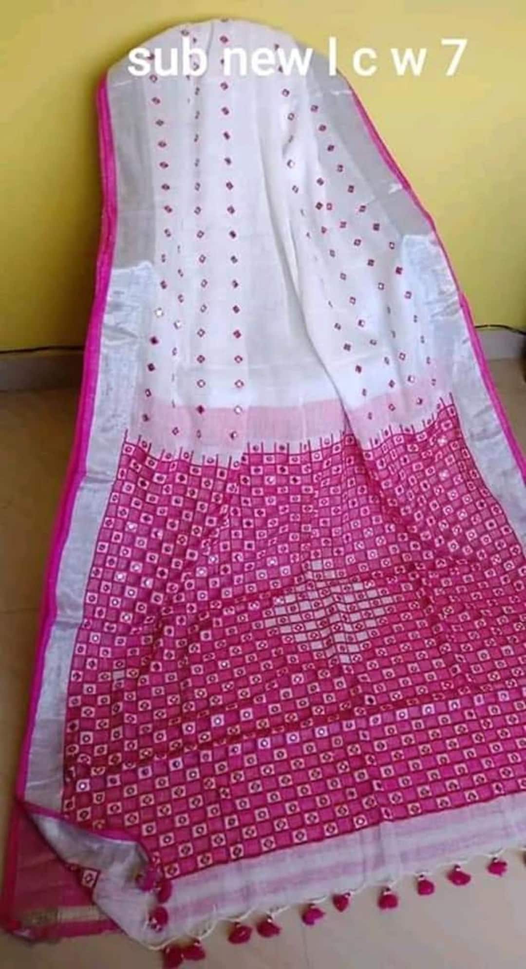Pure Linen Saree Linen Cutwork Saree Mirror Work Pure Handloom Saree ...