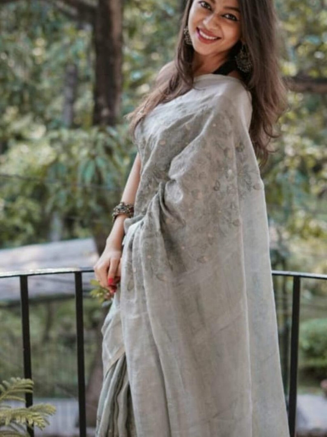 100% Pure Linen Embroidered Saree Linen by Linen Sari Pure Handloom ...