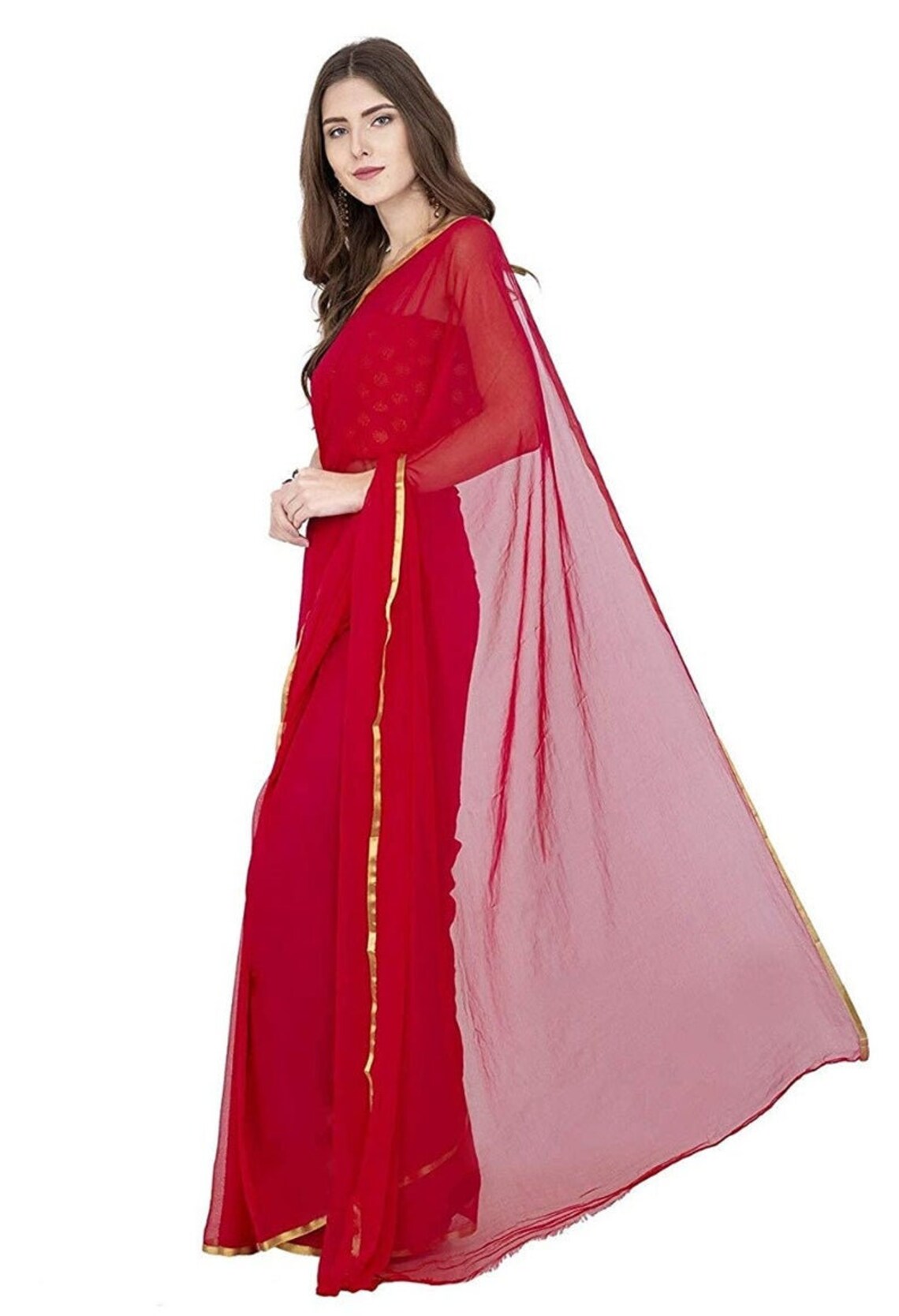 Red Chiffon Saree With Golden Border & Brocade Silk Unstitched - Etsy