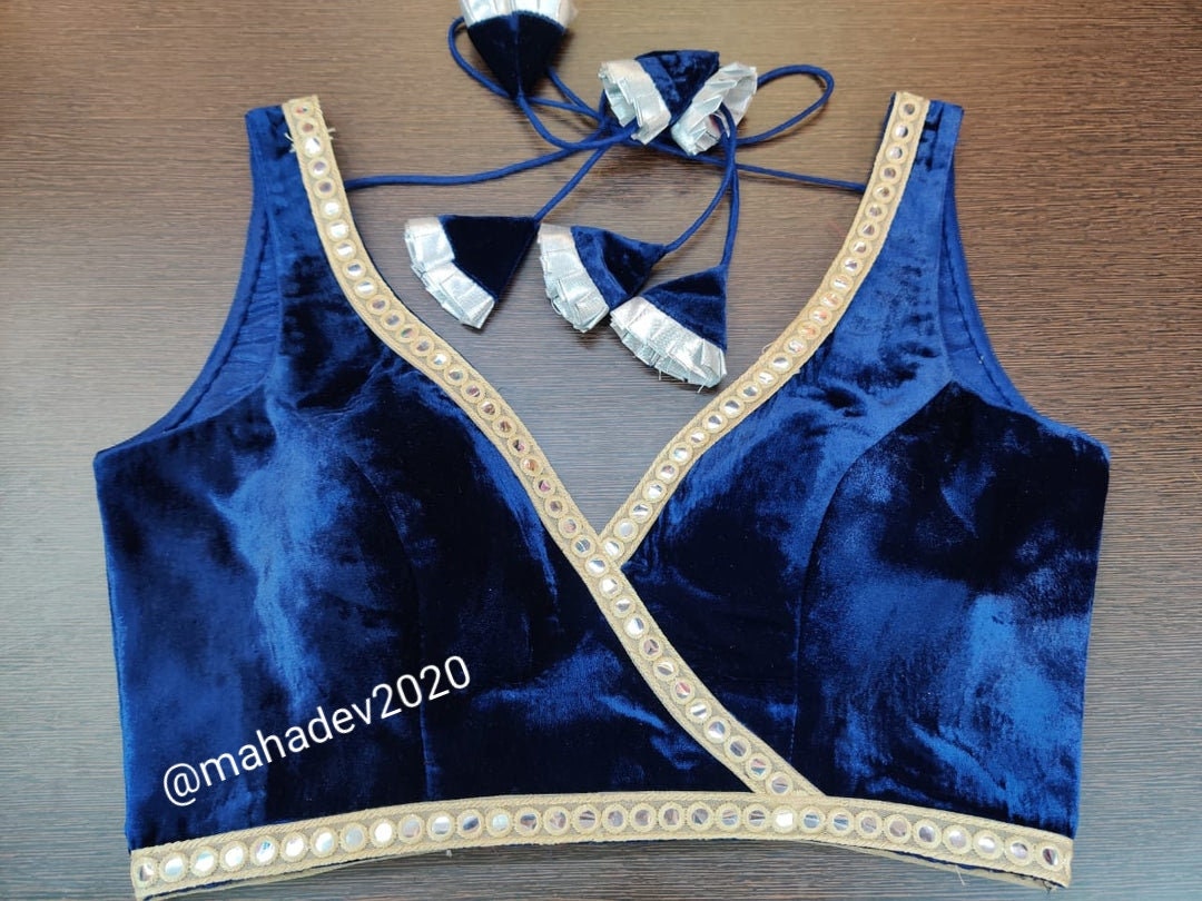 Sabyasachi V Neck Blue Velvet Blouse Readymade Sari Blouse Designer ...