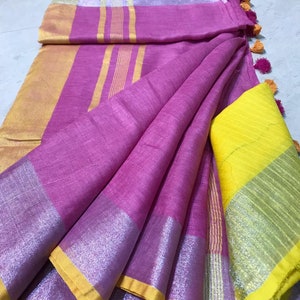 100% Pure Linen Saree Linen by Linen Sari Pure Handloom Saree for ...