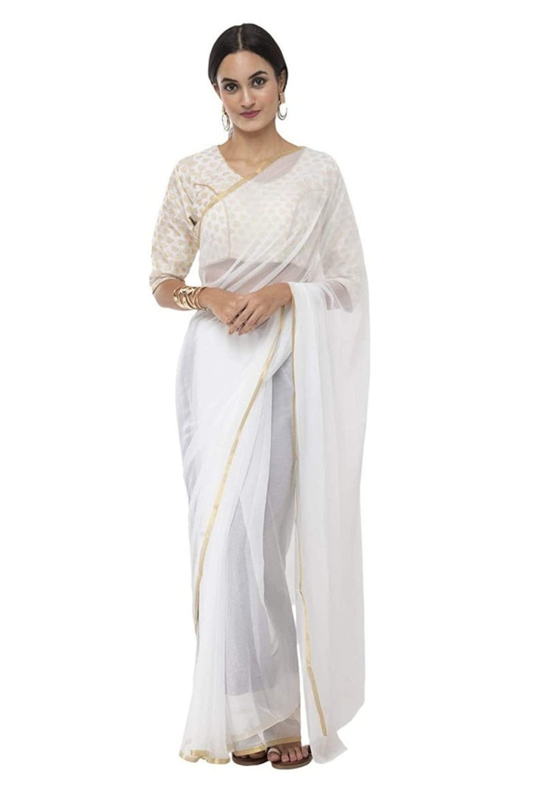 White Chiffon Saree With Golden Border & Brocade Silk Unstitched Blouse ...