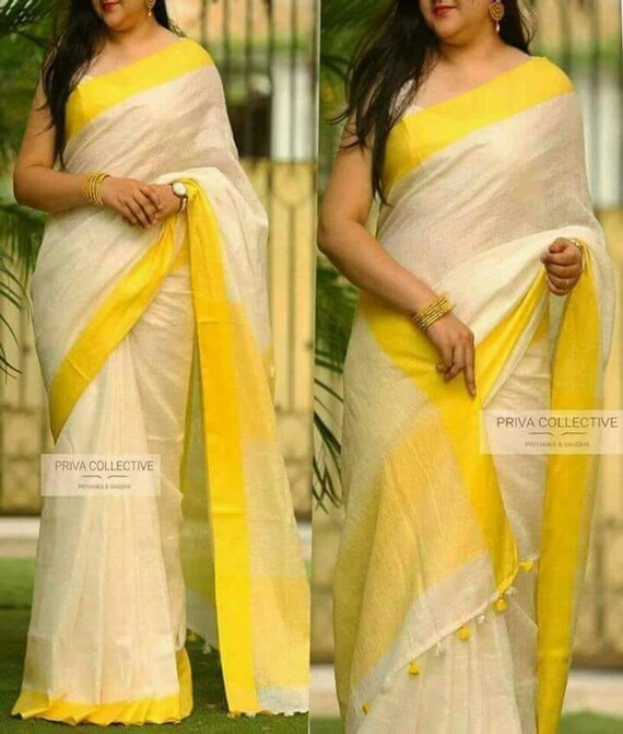 100% Pure Linen Saree Linen by Linen Sari Pure Handloom Saree | Etsy