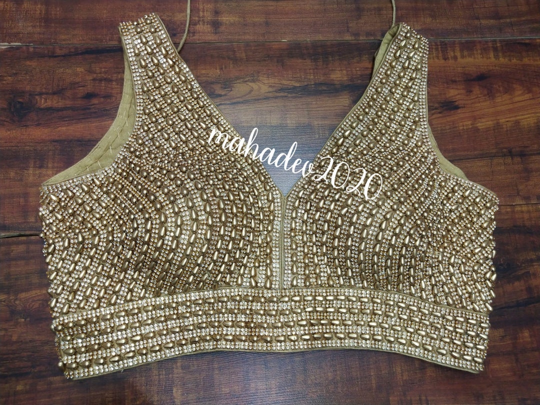 Golden Readymade Heavy Beaded Blouse Designer Saree Blouse Cocktail ...