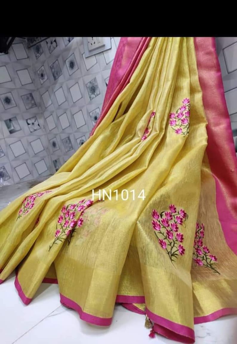 Pure Tissue Linen Embroidered Saree Linen by Linen Sari Pure - Etsy