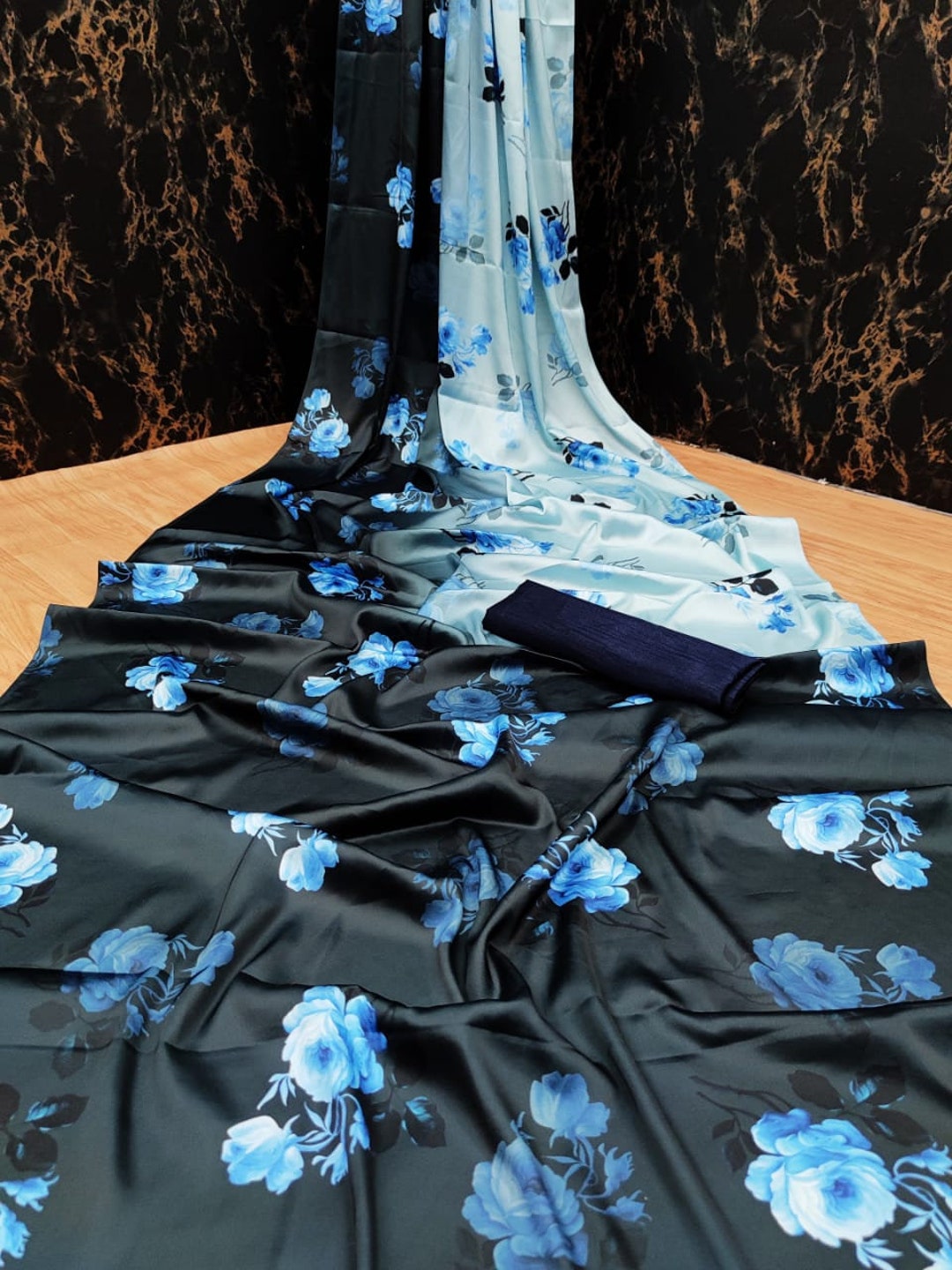 Floral Print Japan Satin Silk Saree With Unstitched Banglori - Etsy