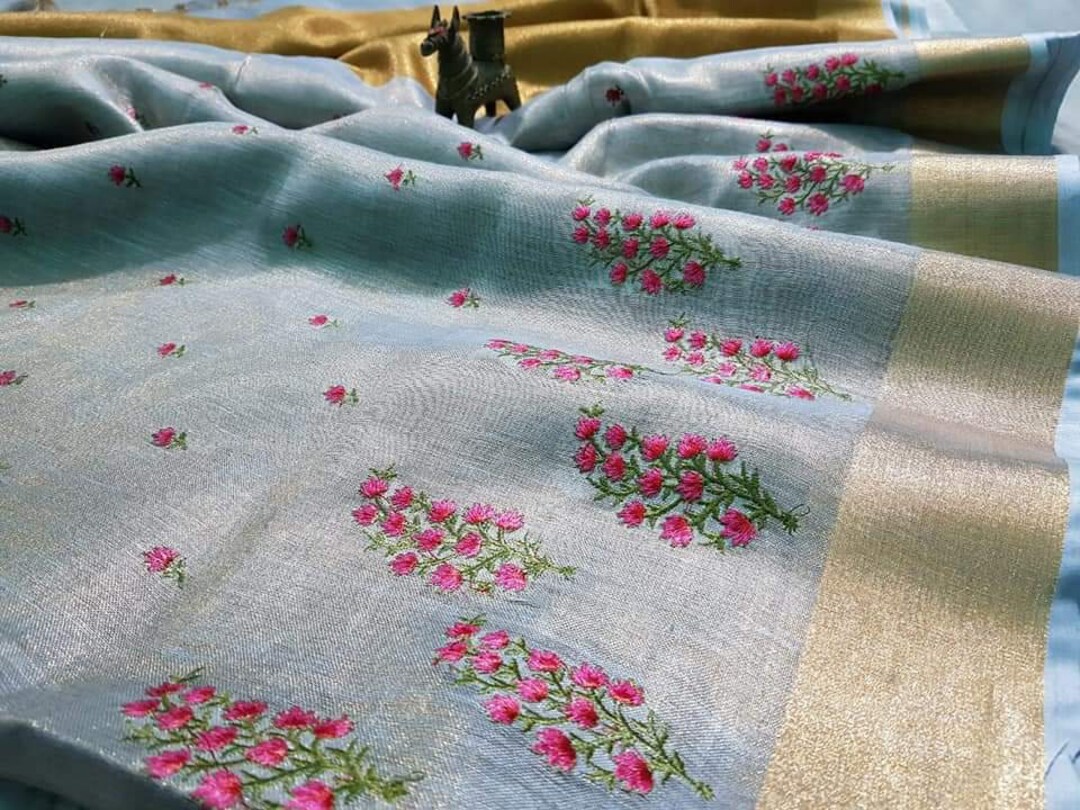 Pure Tissue Linen Embroidered Saree Linen by Linen Sari Pure Handloom ...