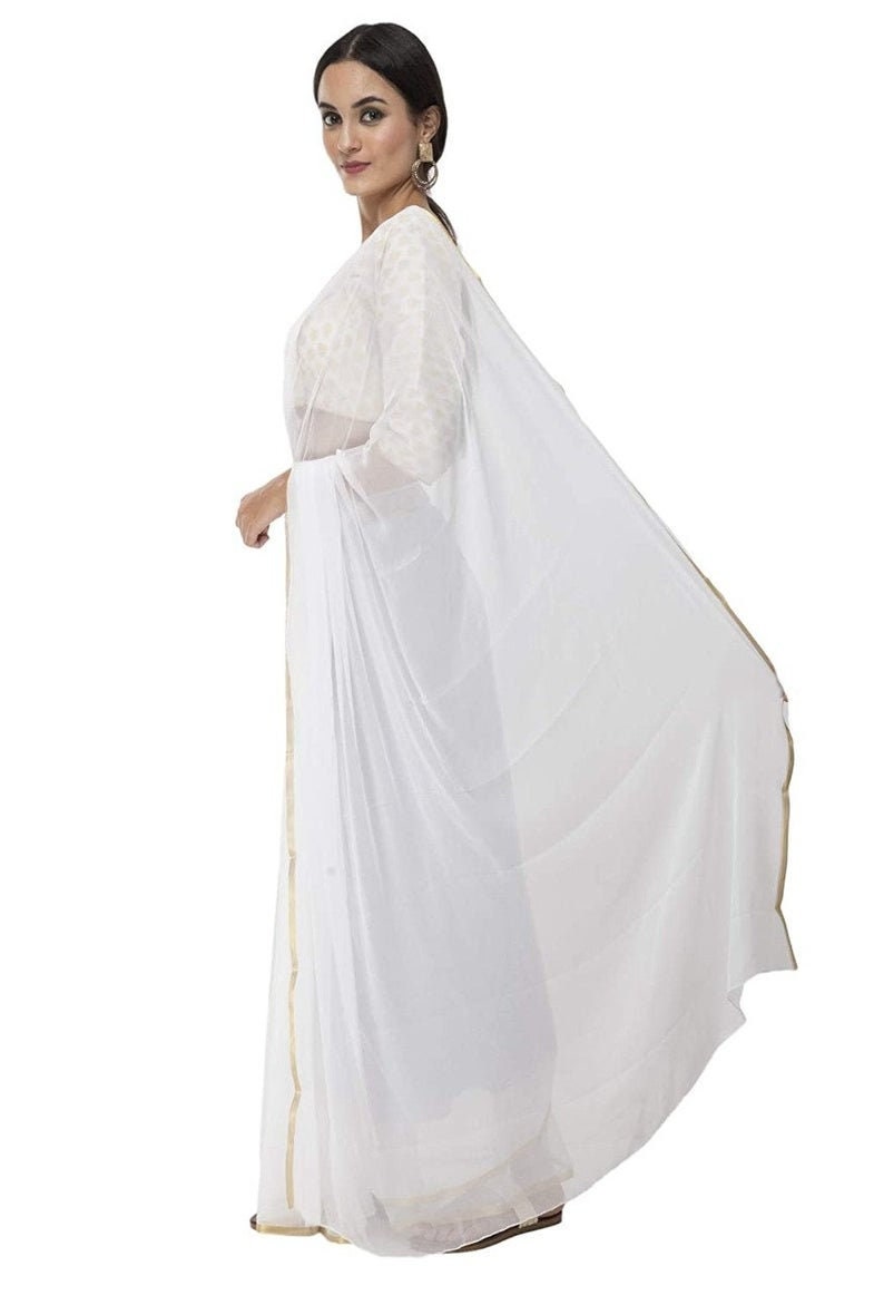 White Chiffon Saree With Golden Border & Brocade Silk Unstitched Blouse ...