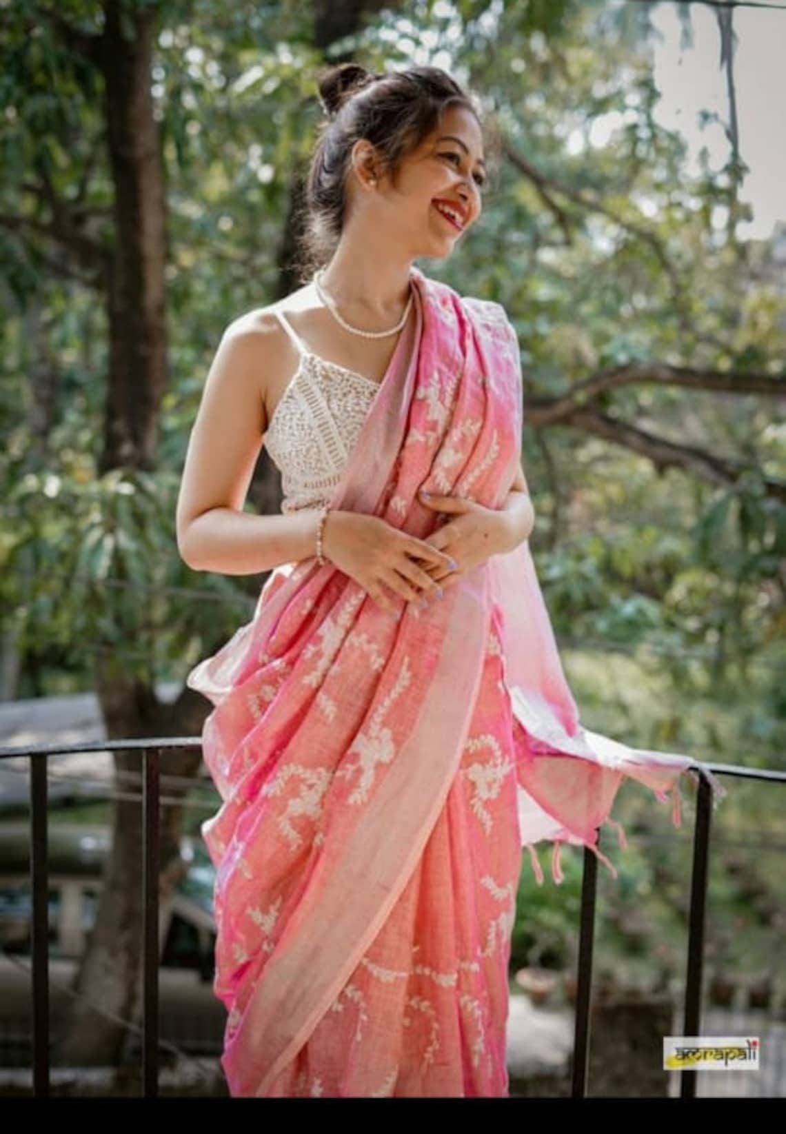 100% Pure Linen Embroidered Saree Linen by Linen Sari Pure Handloom ...