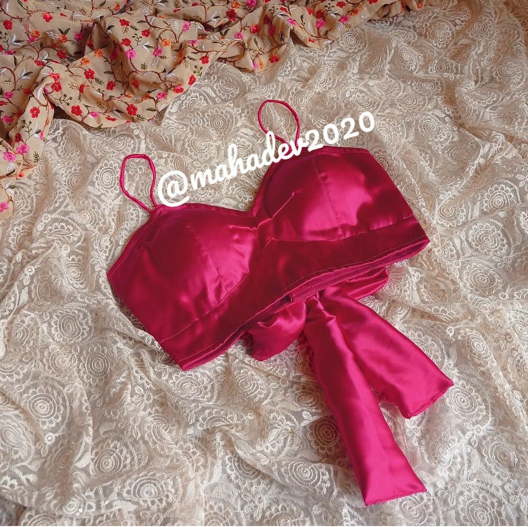 Rani Pink Bow Style Satin Silk Blouse Readymade Sari Blouse Designer ...