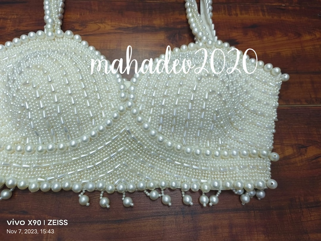 White Pearl Heavy Beaded Blouse Designer Saree Blouse Cocktail Party ...