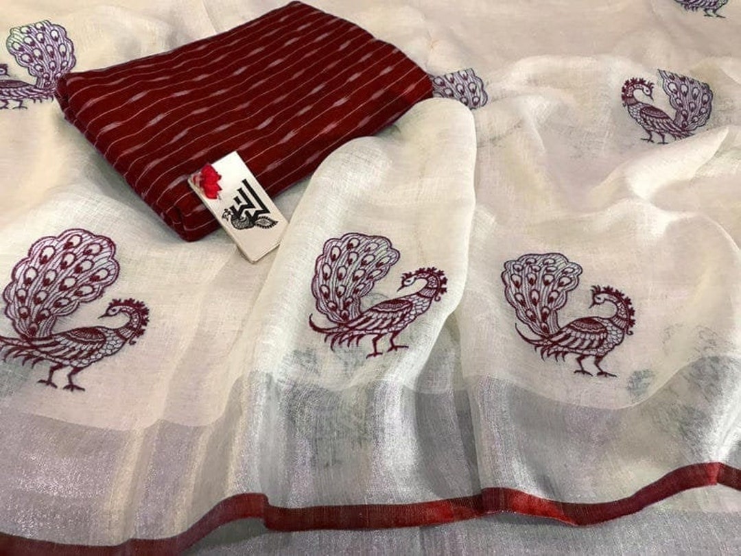 100% Pure Linen Embroidered Saree Linen by Linen Sari Pure Handloom ...