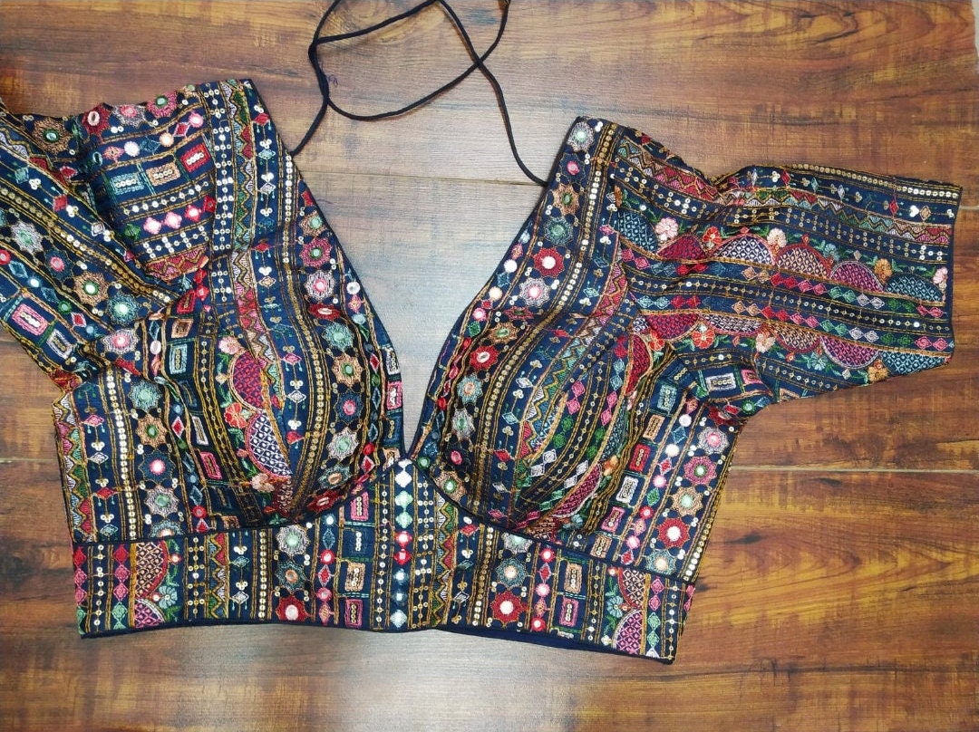 Blue Designer Blouse Sabyasachi Colorful Threads Work Readymade Saree ...