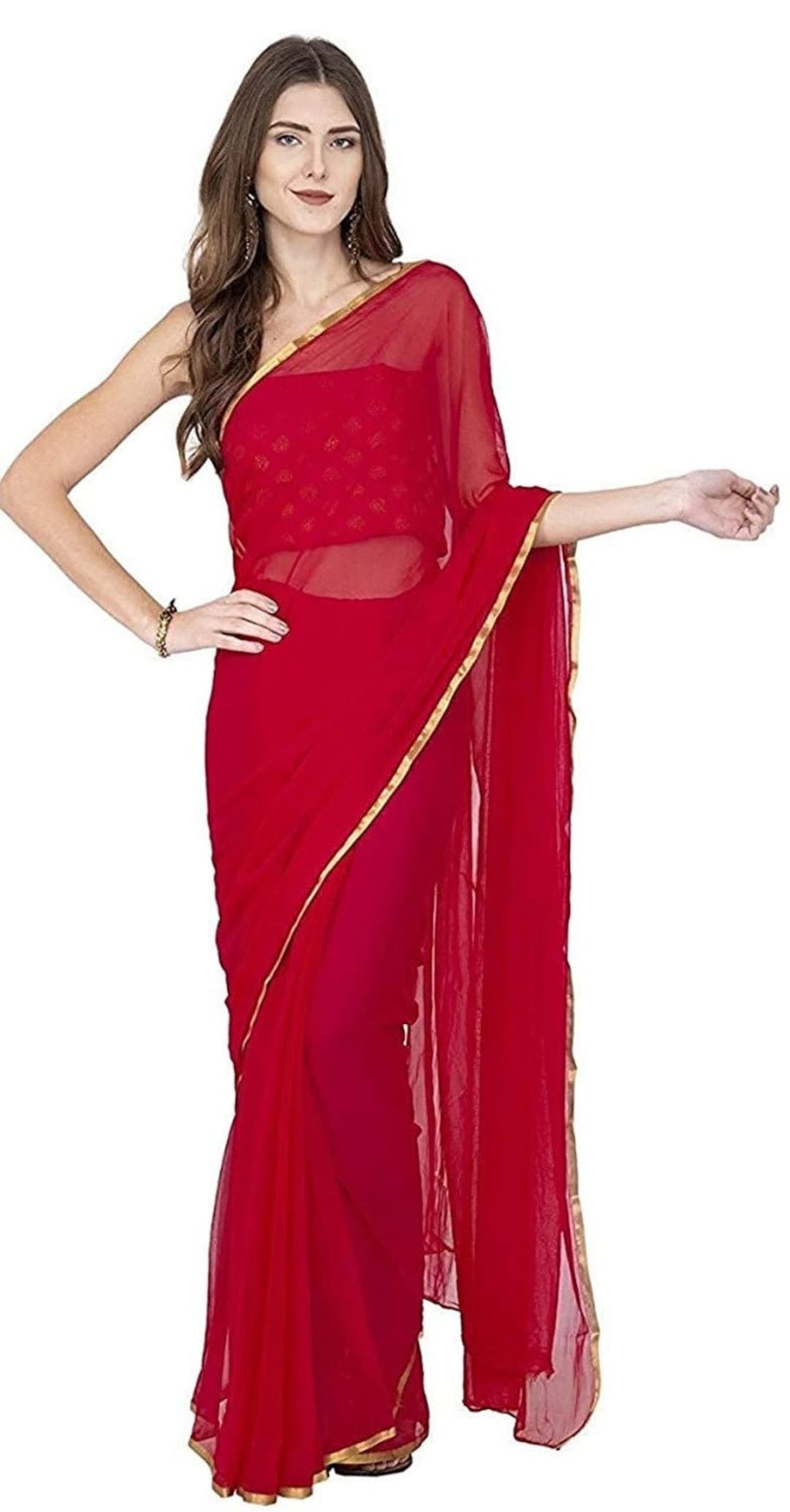 Red Chiffon Saree With Golden Border & Brocade Silk Unstitched Blouse ...