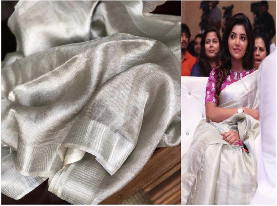 100% Pure Tissue Linen Saree Linen by Linen Sari Pure Handloom Saree ...