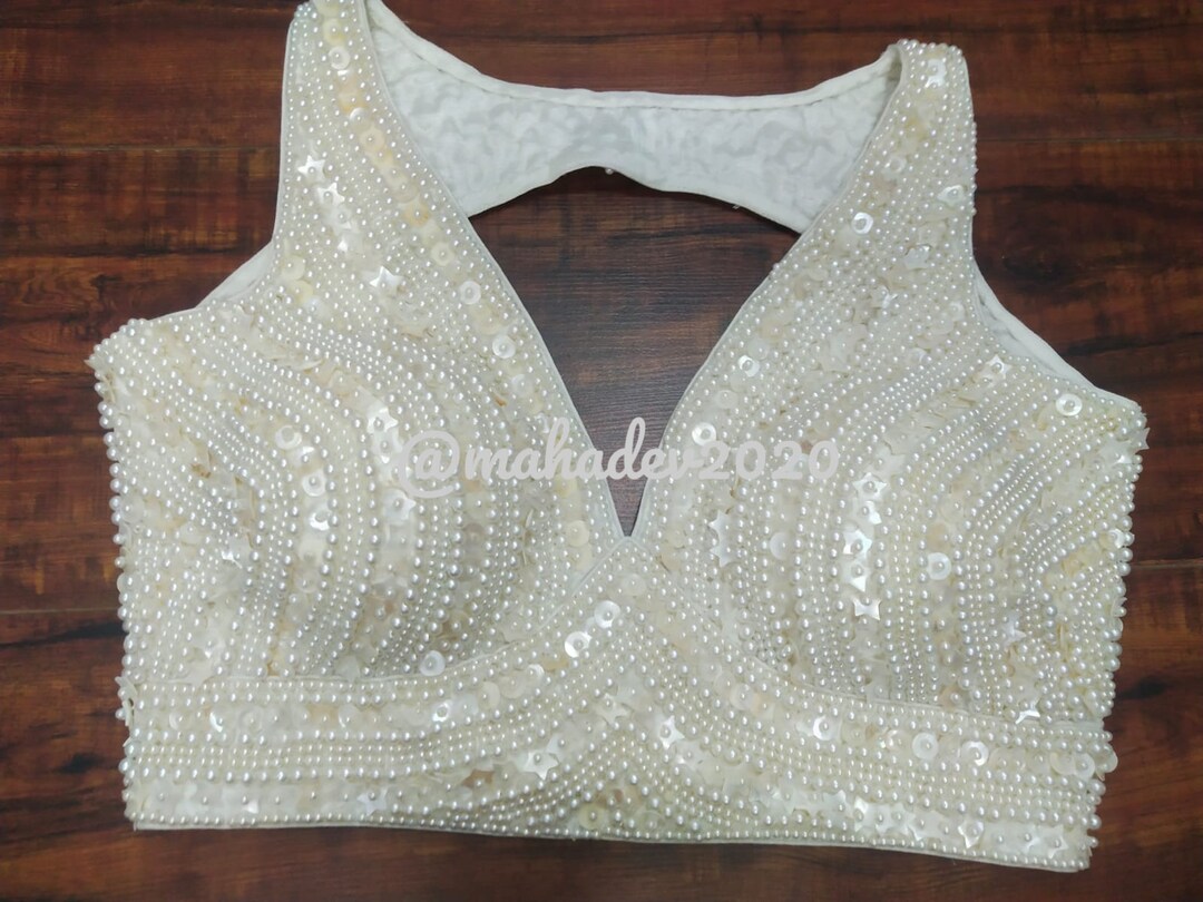 White Readymade Heavy Pearl Beaded Blouse Designer Saree Blouse ...