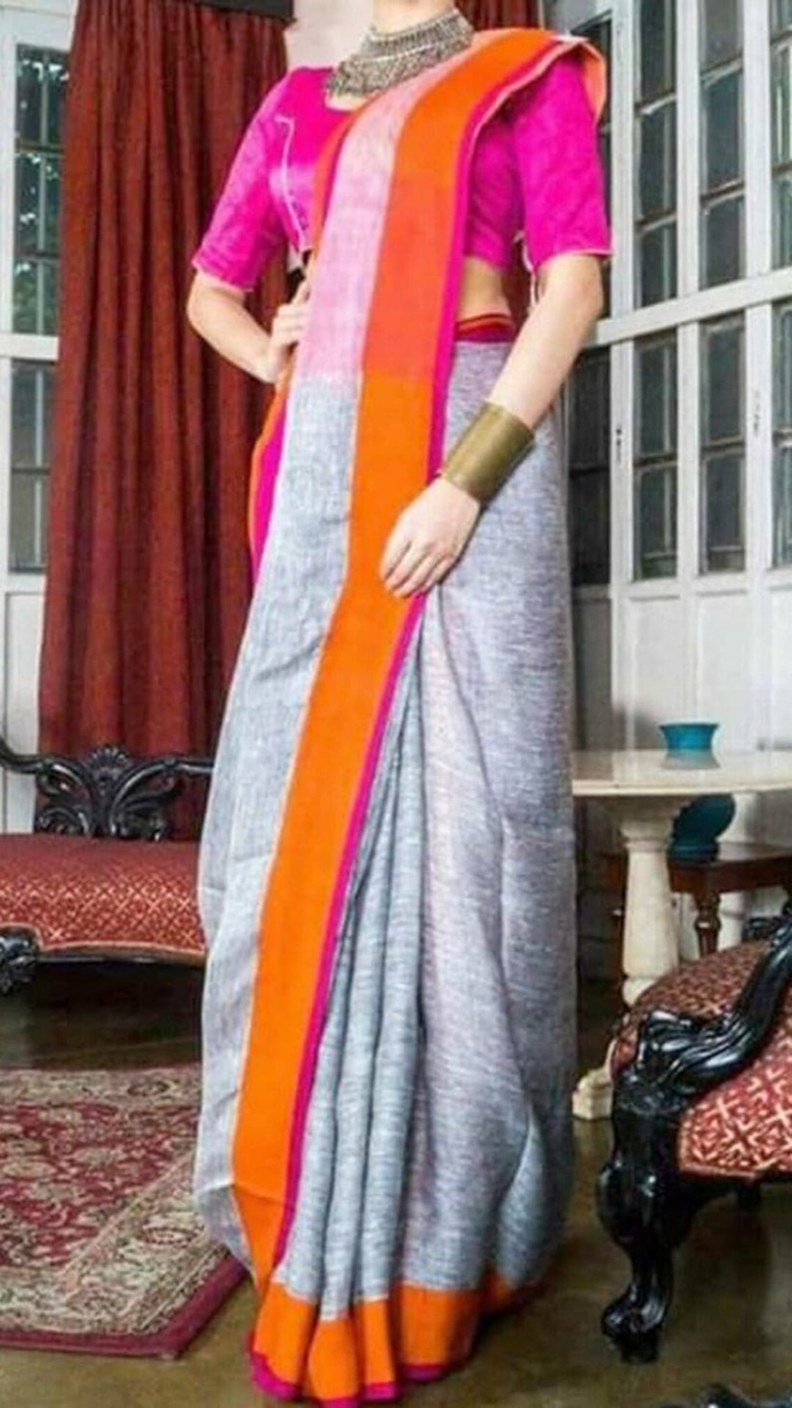 100% Pure Linen Saree Linen by Linen Sari Pure Handloom Saree | Etsy