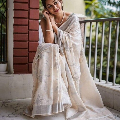 100% Pure Linen Embroidered Saree Linen by Linen Sari Pure - Etsy