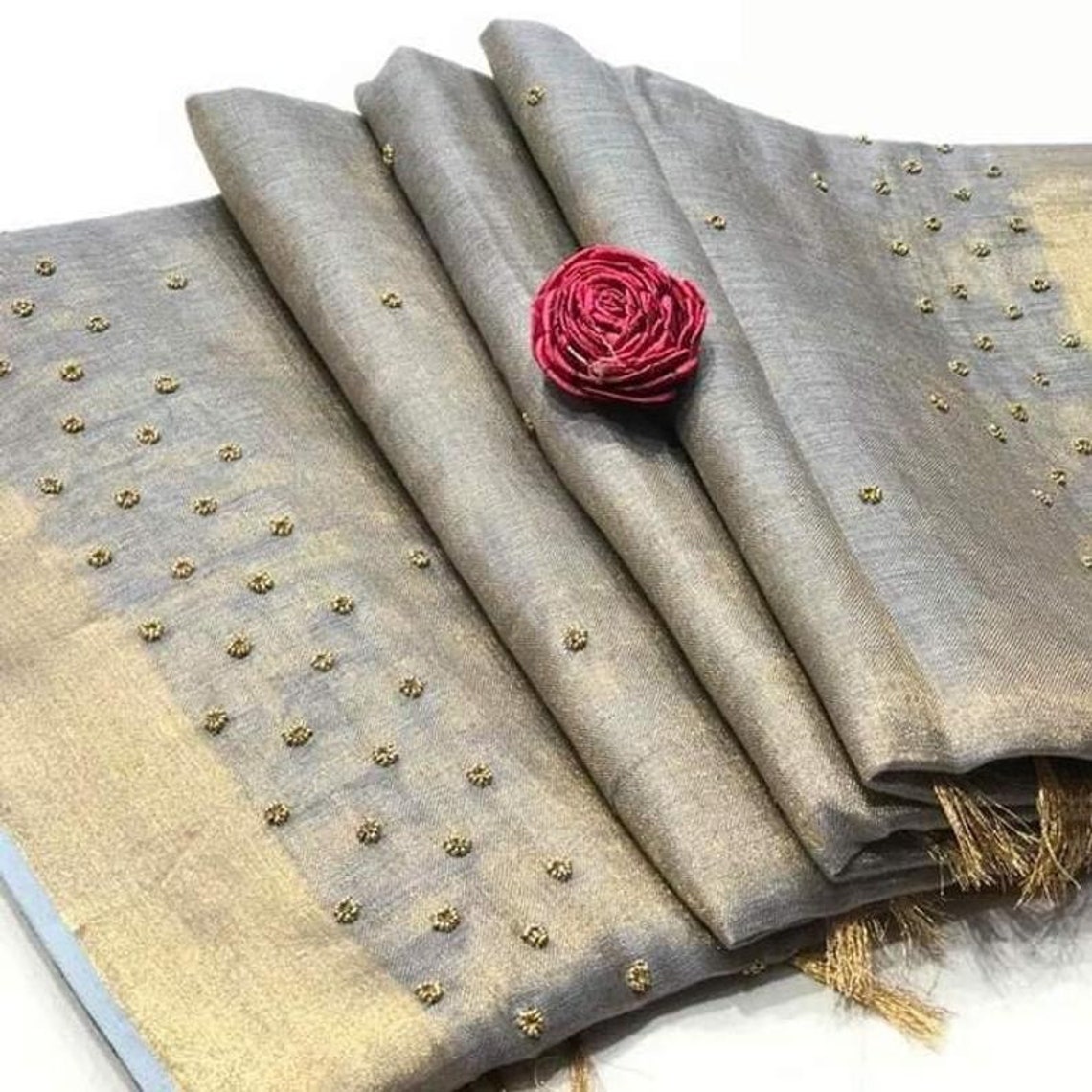 Pure Tissue Linen Embroidered Saree Linen by Linen Sari Pure - Etsy